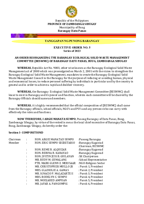 (DOC) TANGGAPAN NG PUNONG BARANGAY EXECUTIVE ORDER NO. 5 Series of 2023 ...