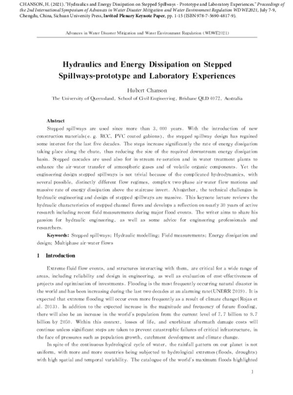 (PDF) Hydraulics and Energy Dissipation on Stepped Spillways - Prototype and Laboratory Experiences