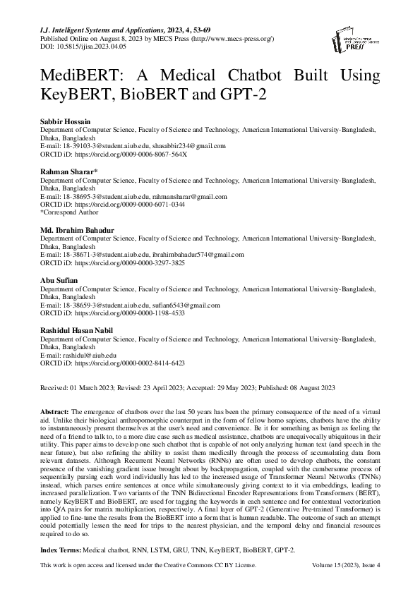(PDF) MediBERT: A Medical Chatbot Built Using KeyBERT, BioBERT and GPT-2