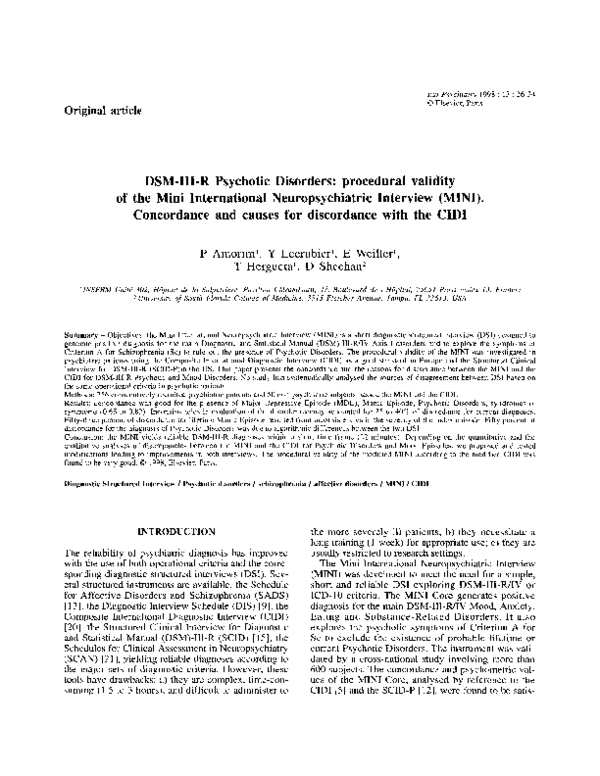 (PDF) DSM-IH-R Psychotic Disorders: procedural validity of the Mini ...