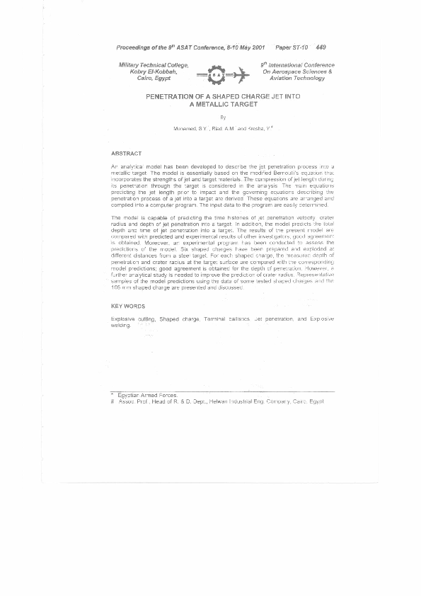 (PDF) Penetration of a Shaped Charge Jet Into a Metallic Target
