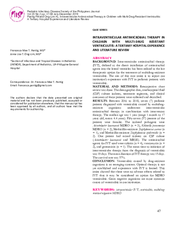 (PDF) Intraventricular Antimicrobial Therapy in Children with Multi ...