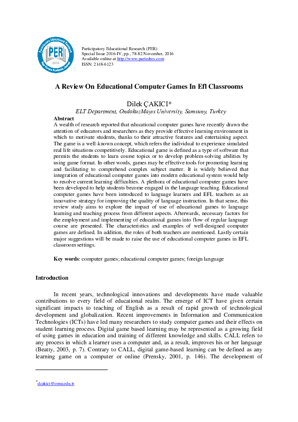 (PDF) A Review On Educational Computer Games In Efl Classrooms