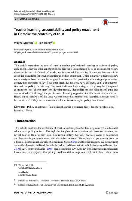 (PDF) Teacher learning, accountability and policy enactment in Ontario: the centrality of trust