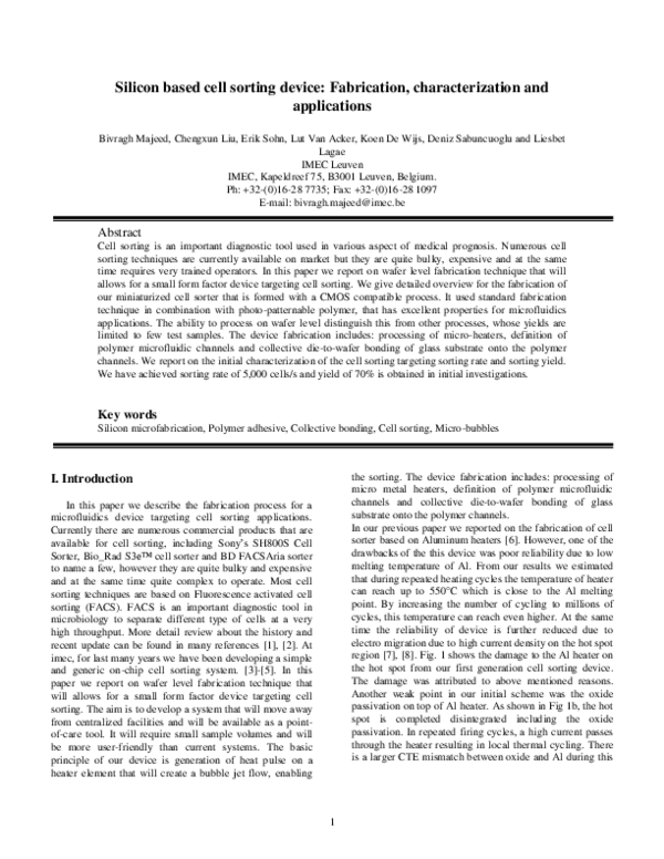 Pdf Silicon Based Cell Sorting Device Fabrication Characterization