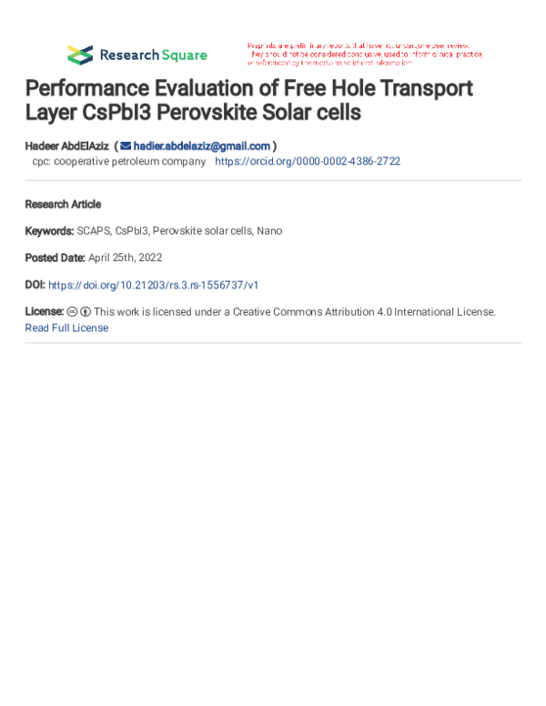 (PDF) Performance evaluation of free hole-transport layer CsPbI3 perovskite solar cells