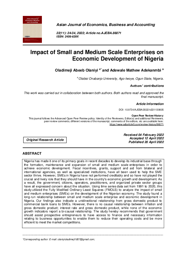 (PDF) Impact of Small and Medium Scale Enterprises on Economic Development of Nigeria