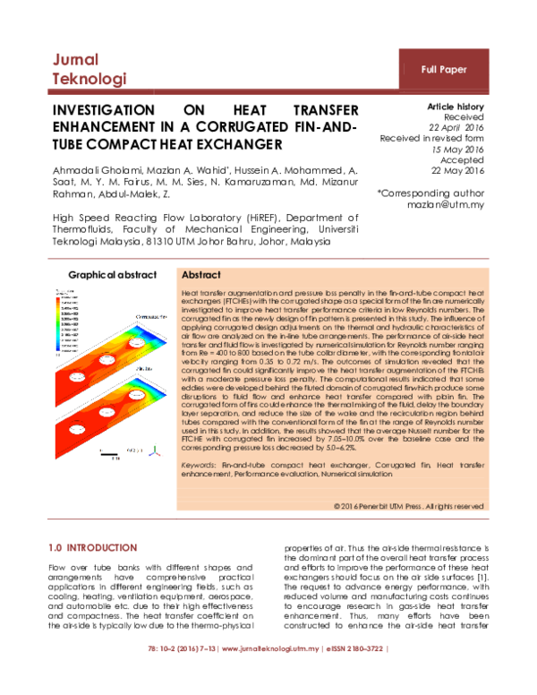 (PDF) Investigation on Heat Transfer Enhancement in a Corrugated Fin ...