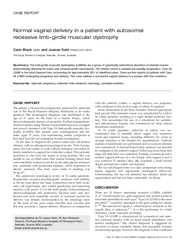 Pdf Normal Vaginal Delivery In A Patient With Autosomal Recessive Limb Girdle Muscular