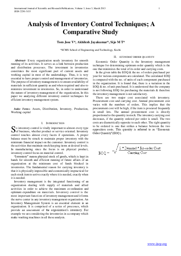 (PDF) Analysis of Inventory Control Techniques; A Comparative Study