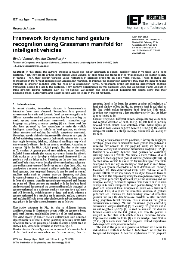 (PDF) Framework for dynamic hand gesture recognition using Grassmann manifold for intelligent ...