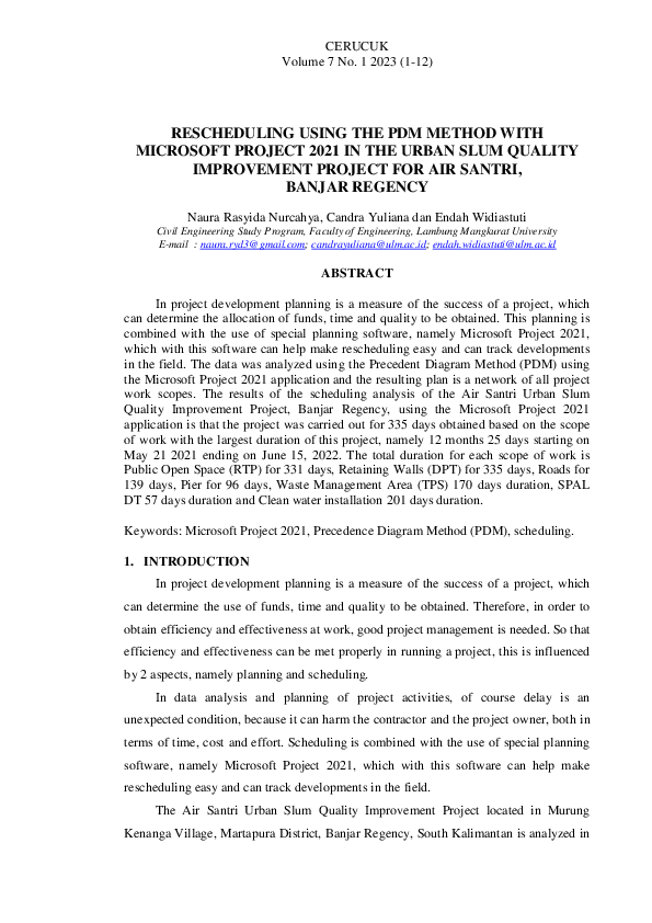 (PDF) Rescheduling Using the PDM Method with Microsoft Project 2021 in the Urban Slum Quality ...