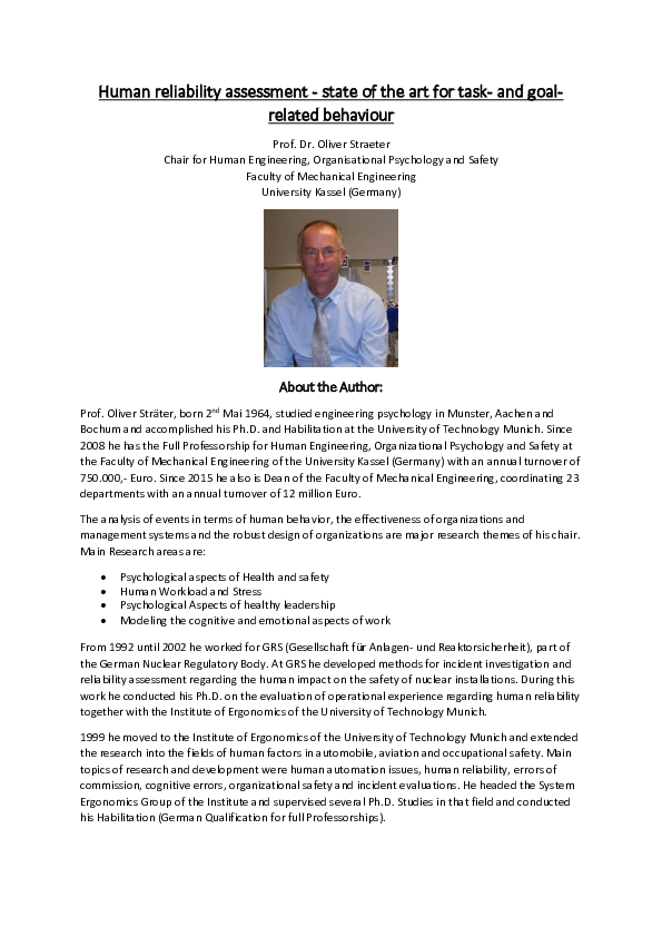 (PDF) Human Reliability Assessment—State of the Art for Task- and Goal-Related Behavior