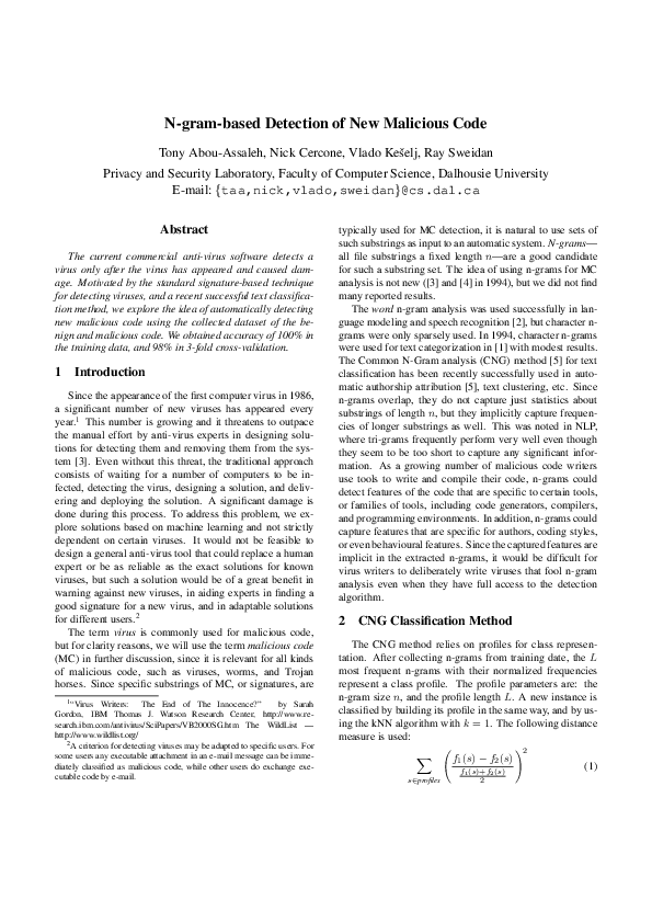 (PDF) N-gram-based detection of new malicious code