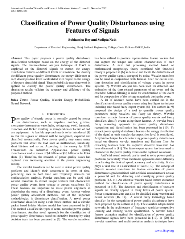 (PDF) Classification of Power Quality Disturbances using Features of ...