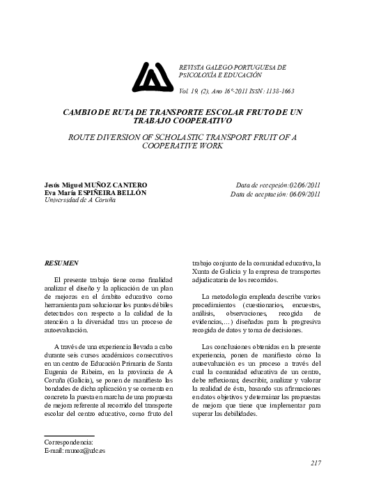 (PDF) Cambio de ruta de transporte escolar fruto de un trabajo ...
