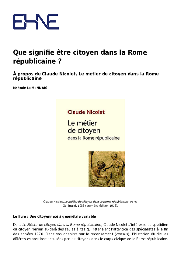 (PDF) "Que signifie être citoyen dans la Rome républicaine ? À propos ...
