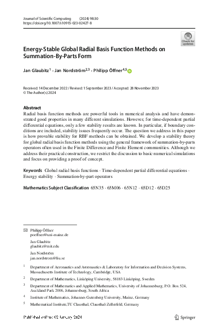 (PDF) Energy-Stable Global Radial Basis Function Methods on Summation-By-Parts Form | Jan ...
