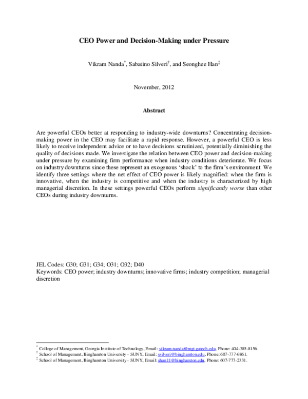 (PDF) CEO Power and Decision-Making Under Pressure