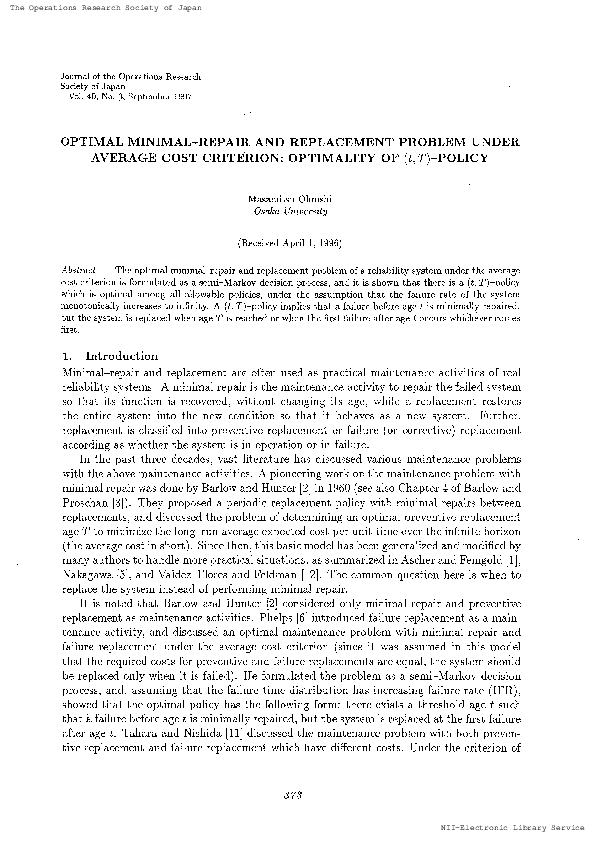 (PDF) OPTIMAL MINIMAL-REPAIR AND REPLACEMENT PROBLEM UNDER AVERAGE COST ...