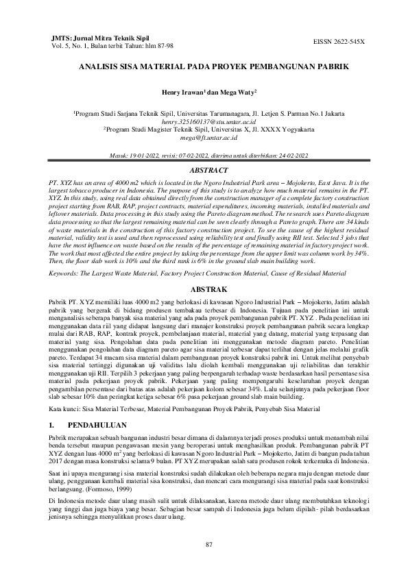 (PDF) Analisis Sisa Material Pada Proyek Pembangunan Pabrik