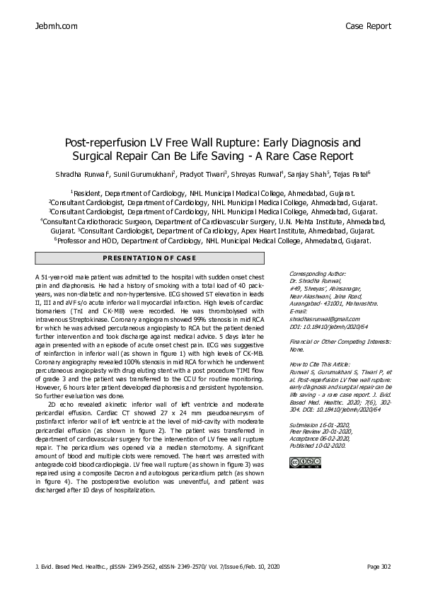 (PDF) Post-reperfusion LV Free Wall Rupture: Early Diagnosis and ...