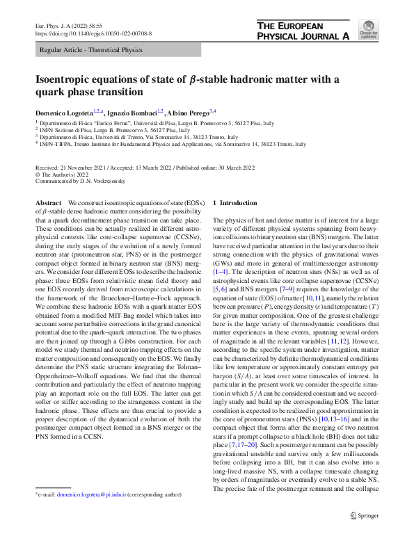 (PDF) Isoentropic equations of state of $$\beta $$-stable hadronic ...