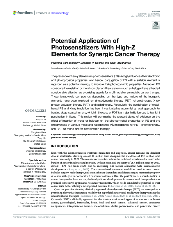 (PDF) Potential Application of Photosensitizers With High-Z Elements ...