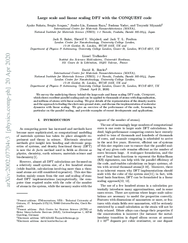 Pdf Large Scale And Linear Scaling Dft With The Conquest Code