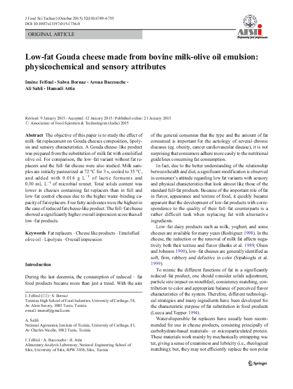 (PDF) Low-fat Gouda cheese made from bovine milk-olive oil emulsion ...