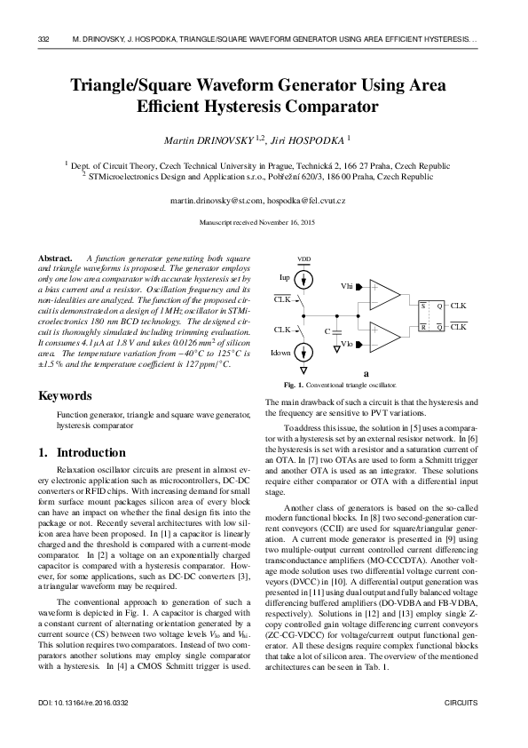 (PDF) Triangle/Square Waveform Generator Using Area Efficient Hysteresis Comparator | Jiri ...