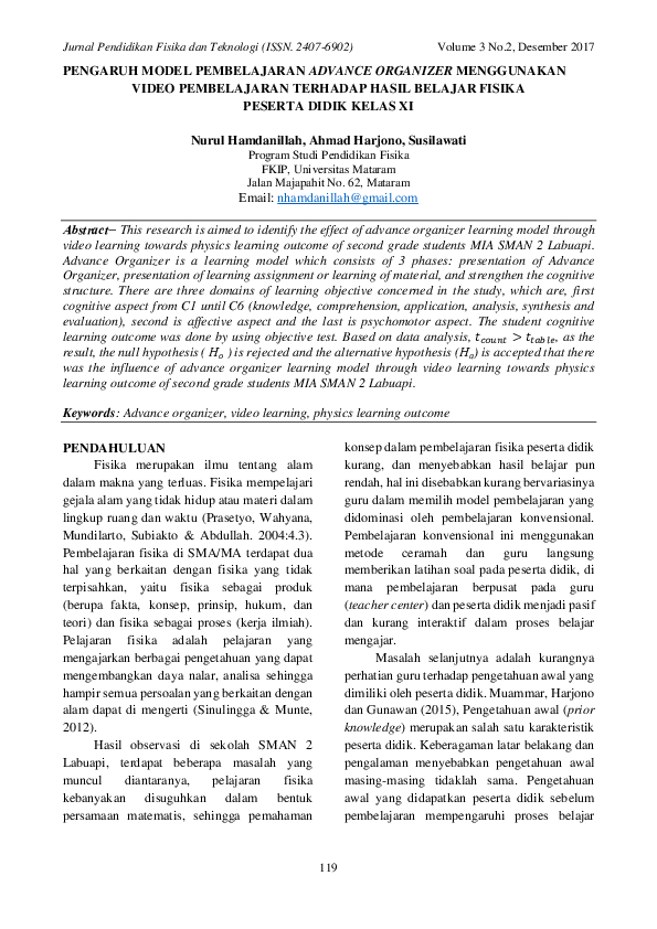 (PDF) Pengaruh Model Pembelajaran Advance Organizer Menggunakan Video Pembelajaran Terhadap ...