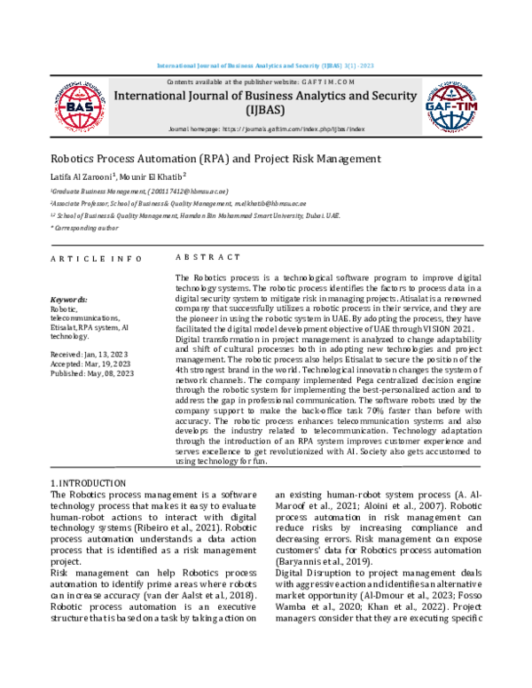 (PDF) Robotics Process Automation (RPA) and Project Risk Management
