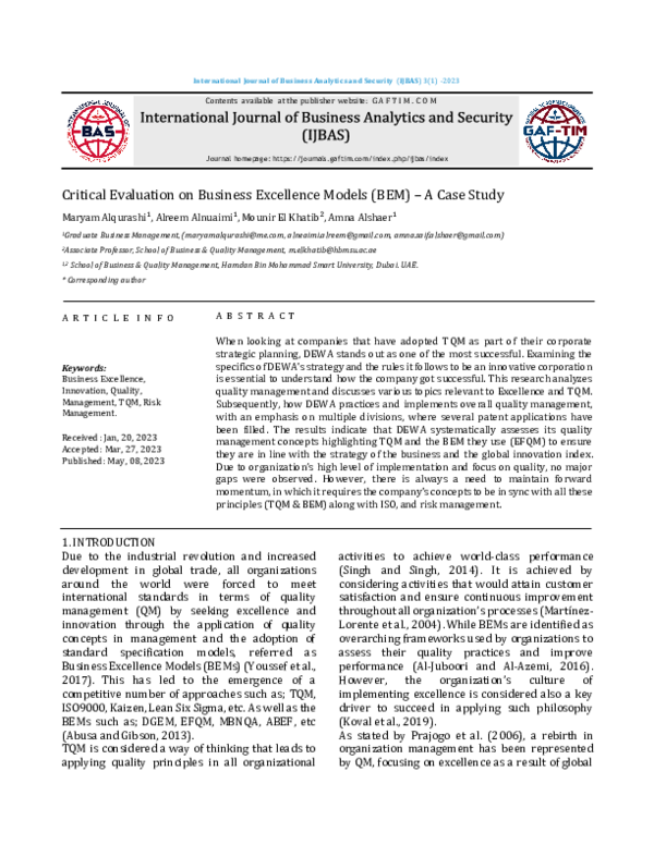 (PDF) Critical Evaluation on Business Excellence Models (BEM) – A Case ...