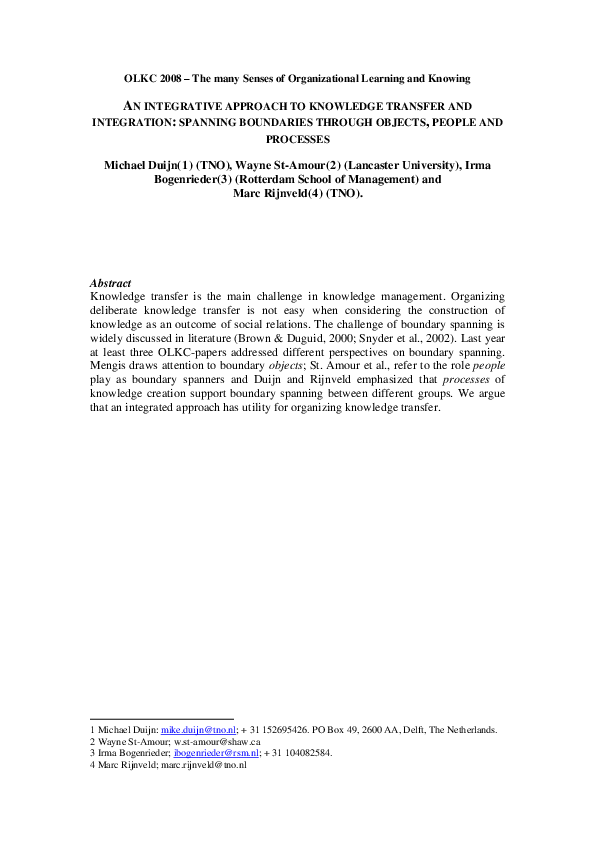 (PDF) An integrative approach to knowledge transfer and integration: Spanning boundaries through ...