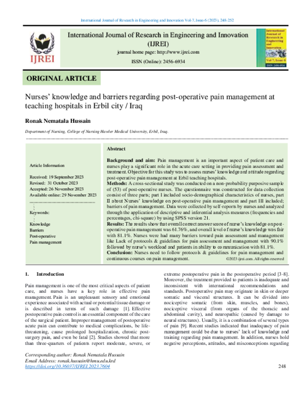 (PDF) Nurses' knowledge and barriers regarding post-operative pain ...