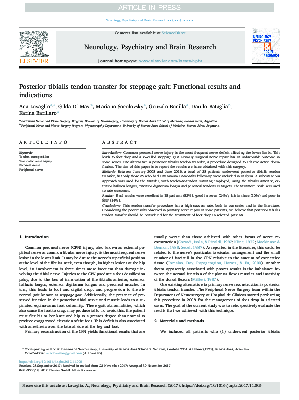 (PDF) Posterior tibialis tendon transfer for steppage gait: Functional ...