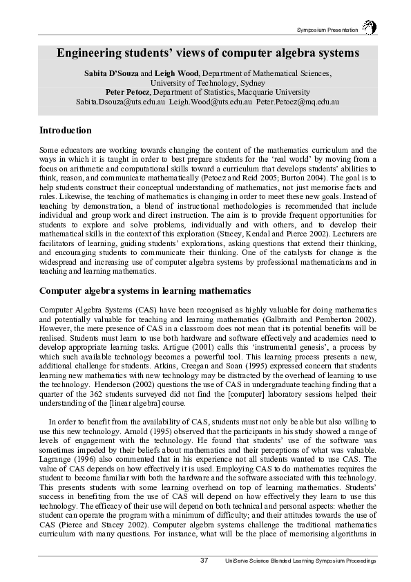(PDF) Engineering students’ views of computer algebra systems