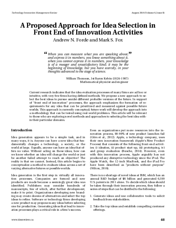 (PDF) A Proposed Approach for Idea Selection in Front End of Innovation ...