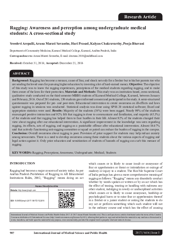 (PDF) Ragging: Awareness and perception among undergraduate medical ...