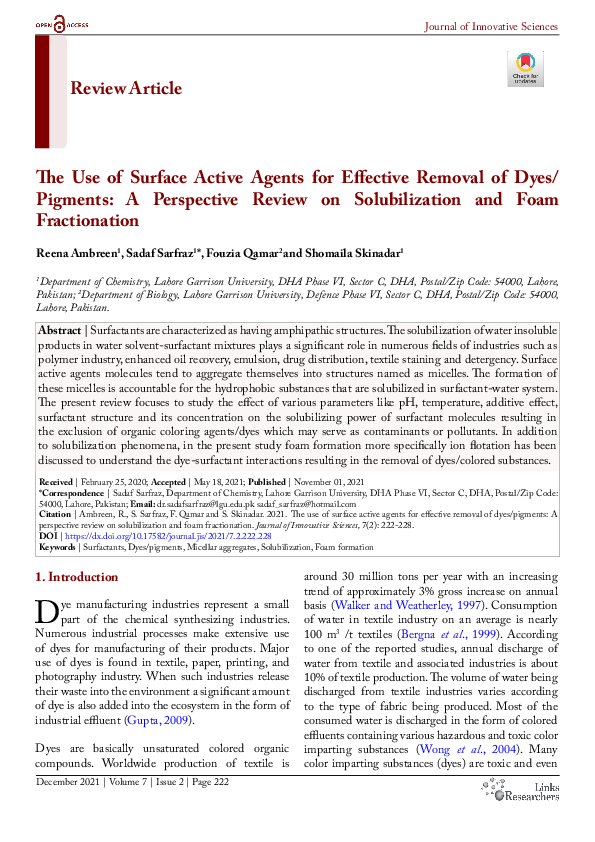 (PDF) The Use of Surface Active Agents for Effective Removal of Dyes/Pigments: A Perspective ...