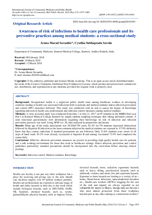 (PDF) Awareness of risk of infections to health care professionals and ...