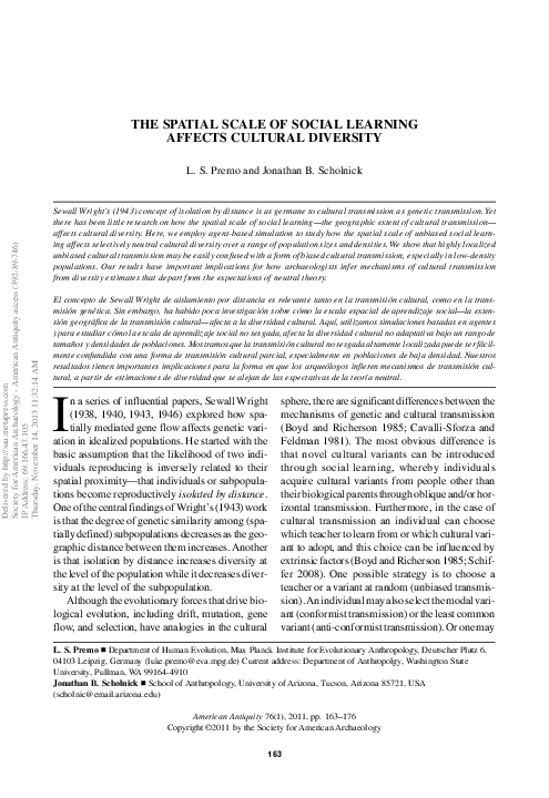 (PDF) The Spatial Scale of Social Learning Affects Cultural Diversity