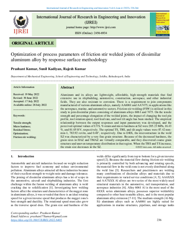(PDF) Optimization of process parameters of friction stir welded joints of dissimilar aluminum ...