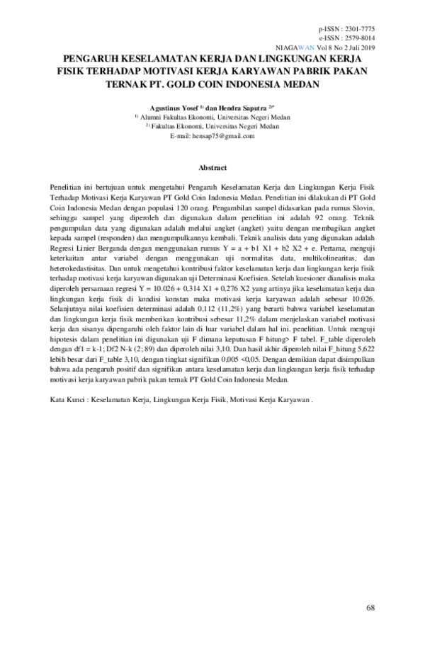 (PDF) Pengaruh Keselamatan Kerja Dan Lingkungan Kerja Fisik Terhadap ...