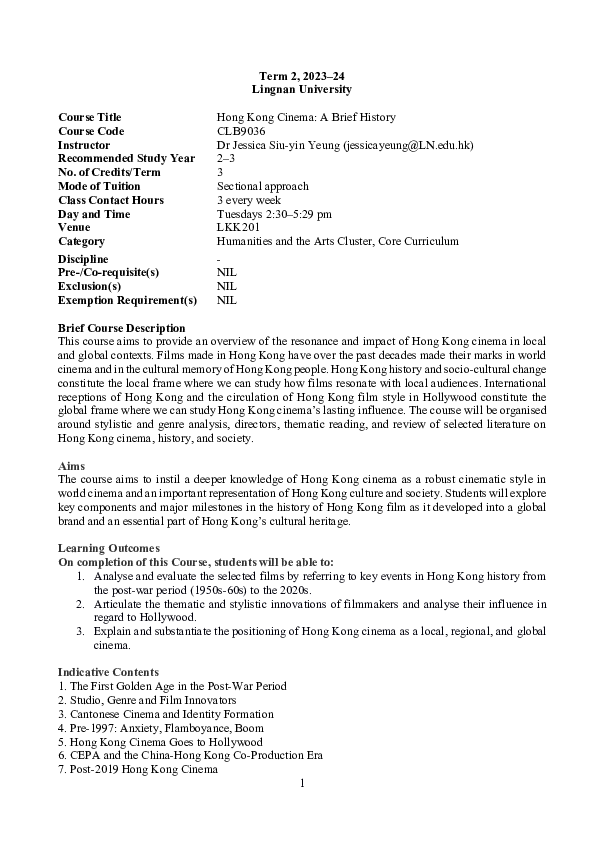 (PDF) Hong Kong Cinema: A Brief History (UG GE course syllabus, Term 2, 2023–24)