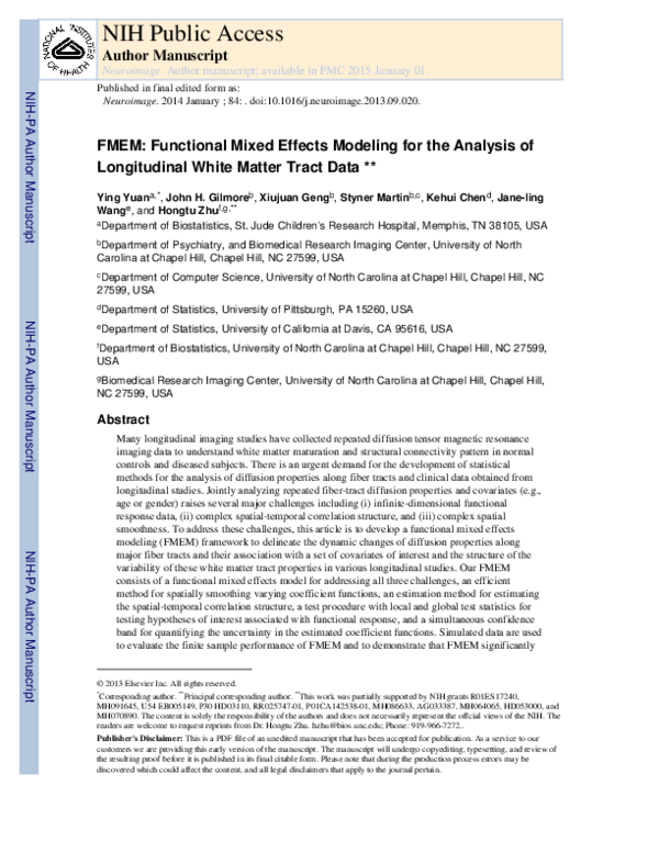 (PDF) FMEM: Functional mixed effects modeling for the analysis of longitudinal white matter ...