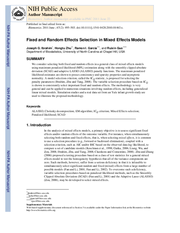 (PDF) Fixed and Random Effects Selection in Mixed Effects Models