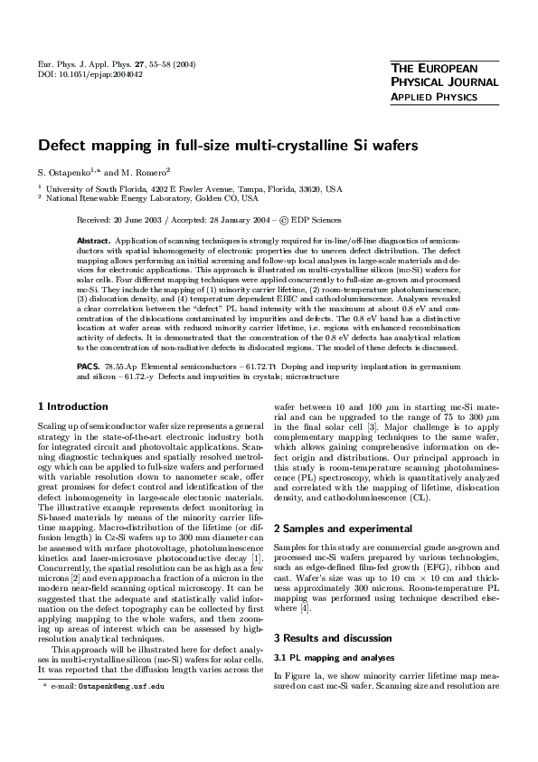 (PDF) Defect mapping in full-size multi-crystalline Si wafers
