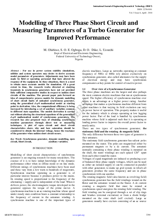 (PDF) Modelling of Three Phase Short Circuit and Measuring Parameters of a Turbo Generator for ...